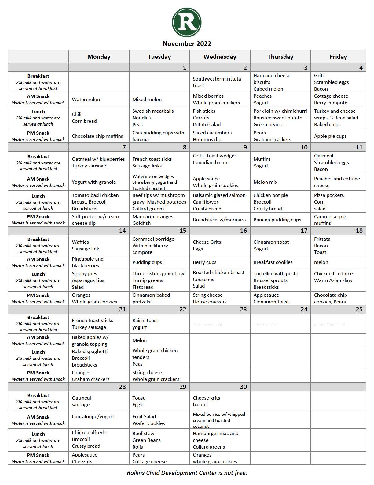 Menus – Rollins Child Development Center